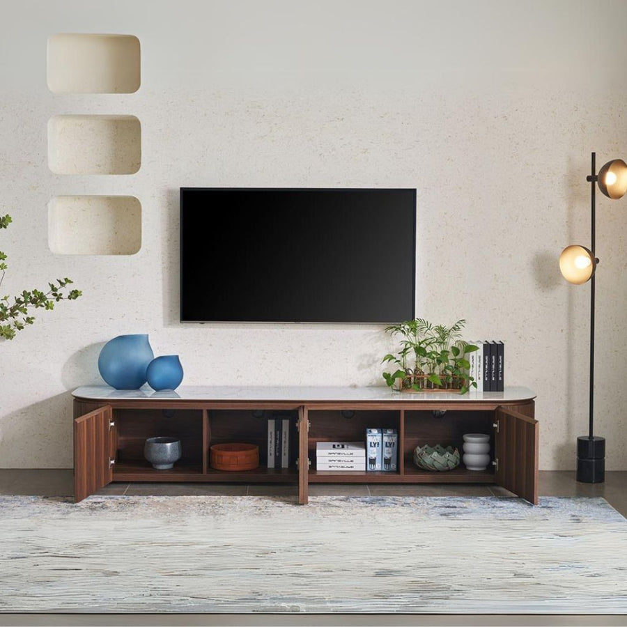 Ava TV Unit - Stylish Curved Design with Walnut Panelling – Gainsville
