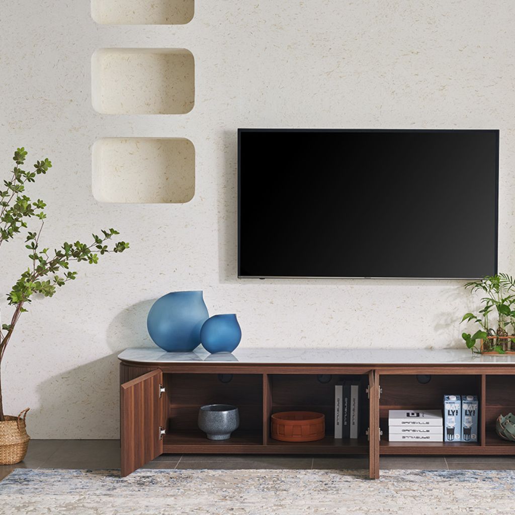 Ava TV Unit - Stylish Curved Design with Walnut Panelling – Gainsville