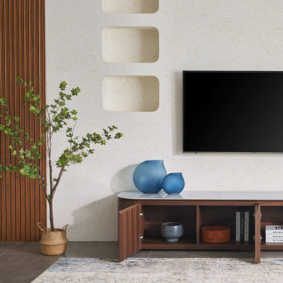 Ava TV Unit - Stylish Curved Design with Walnut Panelling – Gainsville