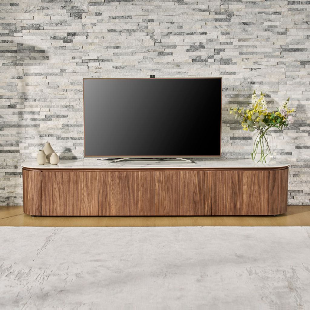 Ava TV Unit - Stylish Curved Design with Walnut Panelling – Gainsville