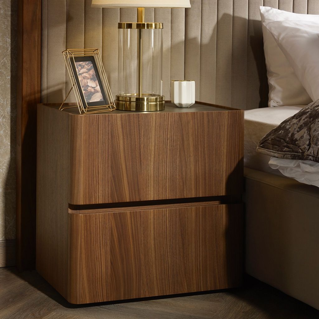 Persia Bedside Table: Stone and Walnut Elegance – Gainsville